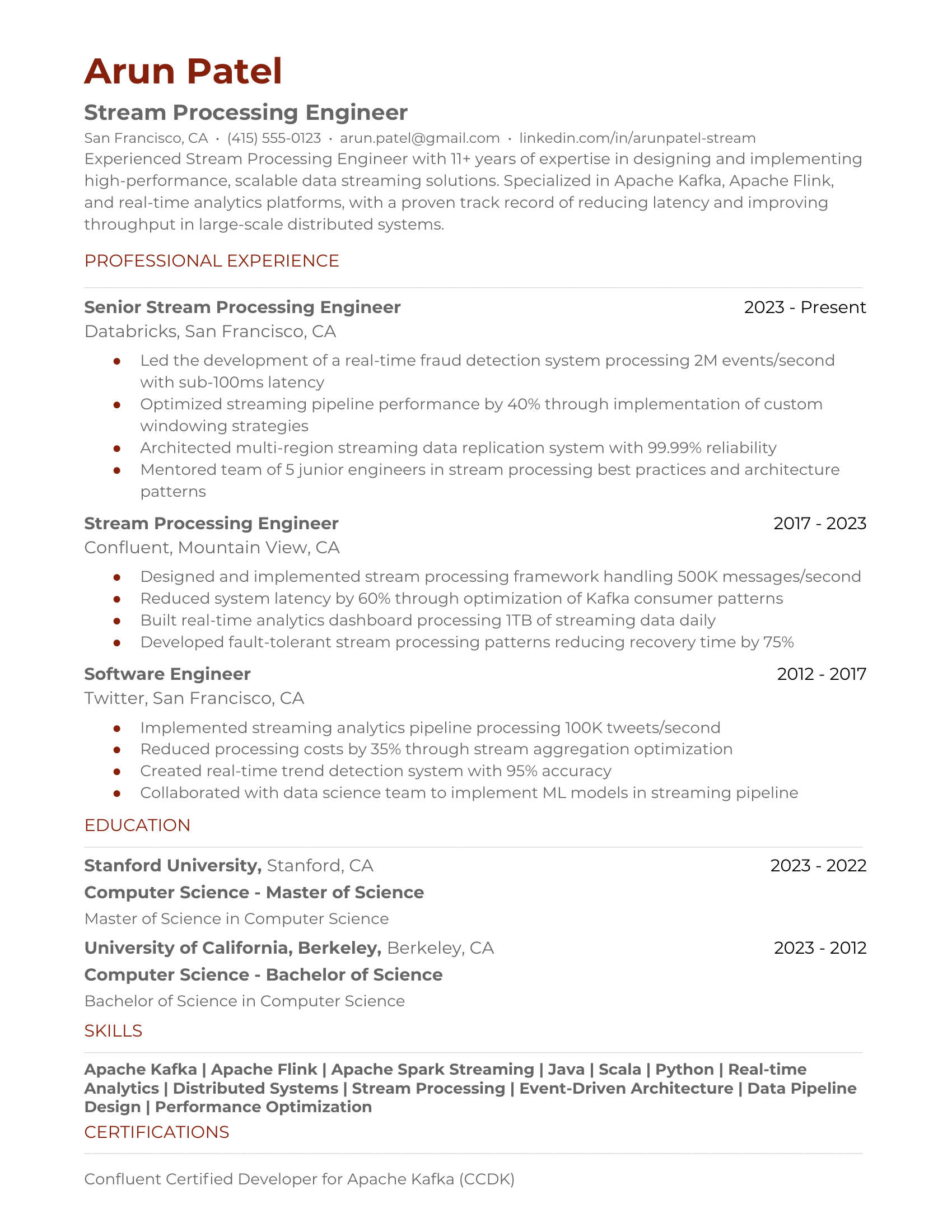Stream Processing Engineer in Technology Resume Examples & Tips for 2025 | Careerday